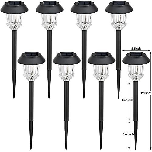 BEAU JARDIN 8 Pack Solar Landscape Lights Bright Pathway Outdoor Garden Stake Glass Stainless Steel Waterproof Auto On/Off White Solar Powered Decorative Lighting for Yard Patio Walkway Black BG319