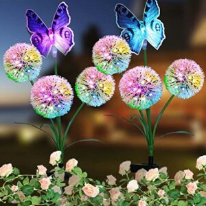 solar dandelion lights outdoor decor – 2 pack upgraded solar dandelion garden christmas decorative lights with butterfly decor waterproof colorful solar power dandelion flower for yard, lawn & pathway