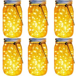 solar mason jar lights 30 led,6 pack large-size solar hanging glass jar starry fairy lights,solar lanterns for outdoor patio party garden decor lights (jars and handles included)