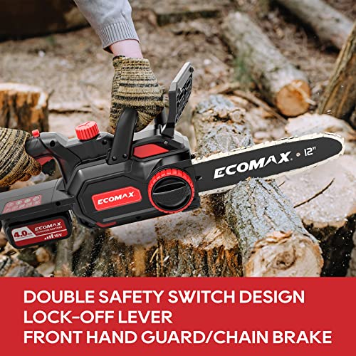 Ecomax Cordless Chainsaw 12-Inch, 18V Electric Chainsaw with 4Ah Battery and Fast Charger, Powerful Chain Saws with Double Safety Switch for Wood Cutting, ideal for Farm Backyard Garden Ranch, ELG05