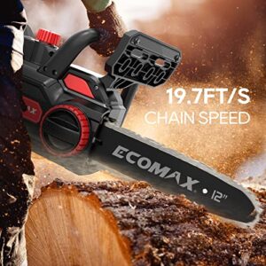 Ecomax Cordless Chainsaw 12-Inch, 18V Electric Chainsaw with 4Ah Battery and Fast Charger, Powerful Chain Saws with Double Safety Switch for Wood Cutting, ideal for Farm Backyard Garden Ranch, ELG05