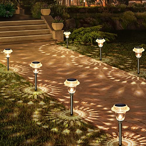 COZY-PAVILION 8 Pack Glass Garden Lights Solar Powered Waterproof Decorative Landscape Path Lights Yard Lights Outdoor LED Garden Stakes Lights for Patio, Walkway, Driveway, Pathway