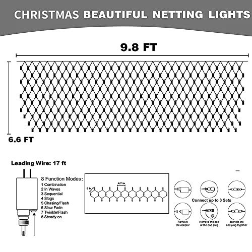 Dazzle Bright Christmas 200 LED Net Lights, 9.8 FT x 6.6 FT Connectable Mesh Lights with 8 Lighting Modes, Christmas Decorations for Indoor Outdoor Bush Yard Garden Decor (Warm White, Green Wire)