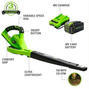 Greenworks 40V (150 MPH / 135 CFM) Cordless Leaf Blower, 4.0Ah Battery and Charger Included