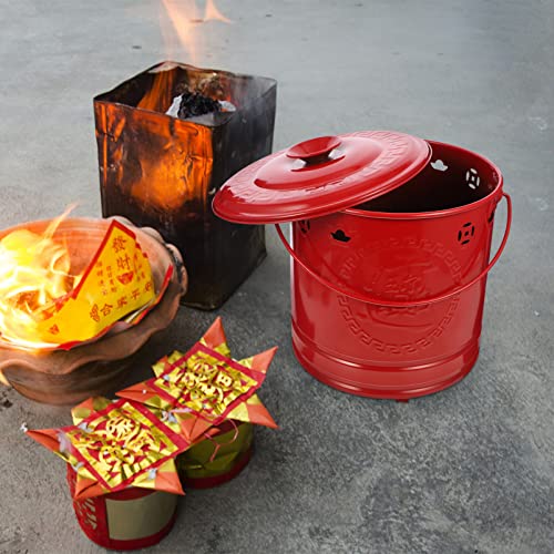 Yardwe Burn Barrel Incinerator Cage Stainless Steel Incinerator Can Metal Garden Fire Pit with Burning Tongs for Ancestor Money Waste Paper Garden Leaves Red