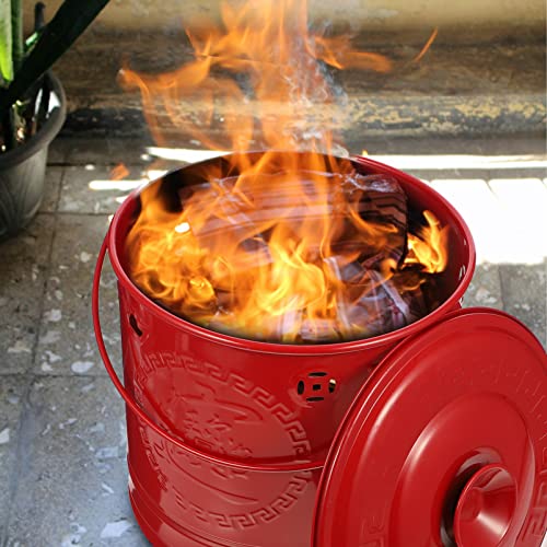 Yardwe Burn Barrel Incinerator Cage Stainless Steel Incinerator Can Metal Garden Fire Pit with Burning Tongs for Ancestor Money Waste Paper Garden Leaves Red