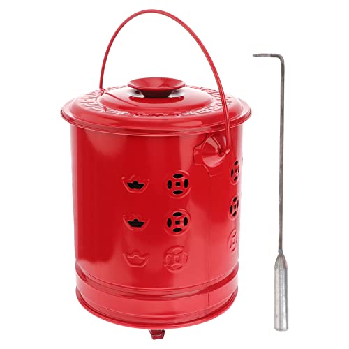 Yardwe Burn Barrel Incinerator Cage Stainless Steel Incinerator Can Metal Garden Fire Pit with Burning Tongs for Ancestor Money Waste Paper Garden Leaves Red