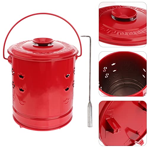 Yardwe Burn Barrel Incinerator Cage Stainless Steel Incinerator Can Metal Garden Fire Pit with Burning Tongs for Ancestor Money Waste Paper Garden Leaves Red