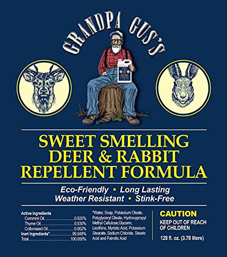 Grandpa Gus's Deer & Rabbit Repellent Spray with Extended Hose; Protects Garden & Yard, Sweet Smelling Formula with Natural Essential Oils, Weather-Resistant Stink-Free Long-Lasting Scent, 128 oz