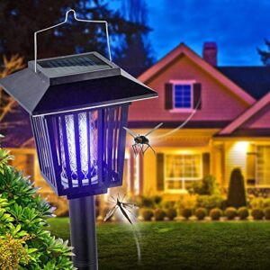 new & improved solar powered zapper- enhanced outdoor flying insect killer- hang or stake in the ground- cordless garden lamp- portable led machine- best stinger for mosquitoes/ moths/ flies (black)