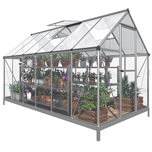 AMERLIFE 6x12 FT Hybrid Polycarbonate Greenhouse with Lockable Hinged Door 3 Vent Window Walk-in Hobby Greenhouse Aluminum Hot House for Outdoor Garden Backyard Silver