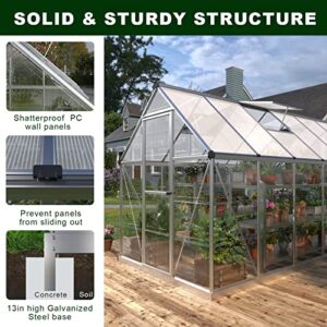 AMERLIFE 6x12 FT Hybrid Polycarbonate Greenhouse with Lockable Hinged Door 3 Vent Window Walk-in Hobby Greenhouse Aluminum Hot House for Outdoor Garden Backyard Silver