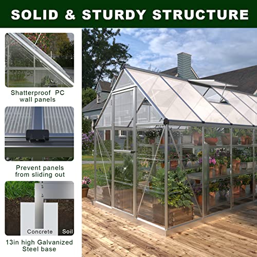 AMERLIFE 6x12 FT Hybrid Polycarbonate Greenhouse with Lockable Hinged Door 3 Vent Window Walk-in Hobby Greenhouse Aluminum Hot House for Outdoor Garden Backyard Silver