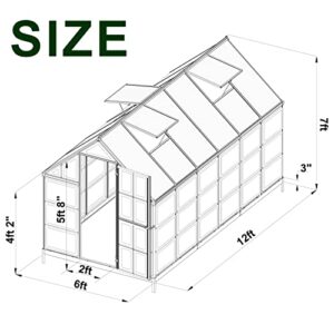 AMERLIFE 6x12 FT Hybrid Polycarbonate Greenhouse with Lockable Hinged Door 3 Vent Window Walk-in Hobby Greenhouse Aluminum Hot House for Outdoor Garden Backyard Silver