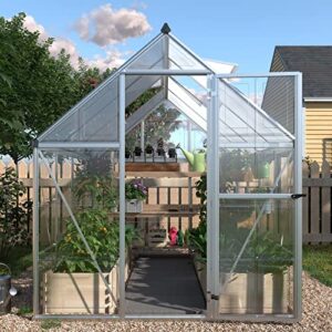 AMERLIFE 6x12 FT Hybrid Polycarbonate Greenhouse with Lockable Hinged Door 3 Vent Window Walk-in Hobby Greenhouse Aluminum Hot House for Outdoor Garden Backyard Silver