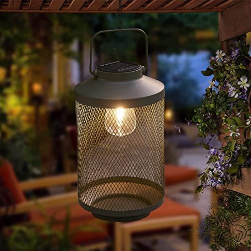 1 Pack Large Solar Lantern Outdoor Hanging - Decorative Green Tabletop Edison LED Metal Light for Garden, Patio, Yard, Porch, Pathway, Driveway, and Camping - Warm White Lighting