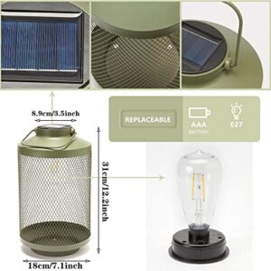 1 Pack Large Solar Lantern Outdoor Hanging - Decorative Green Tabletop Edison LED Metal Light for Garden, Patio, Yard, Porch, Pathway, Driveway, and Camping - Warm White Lighting