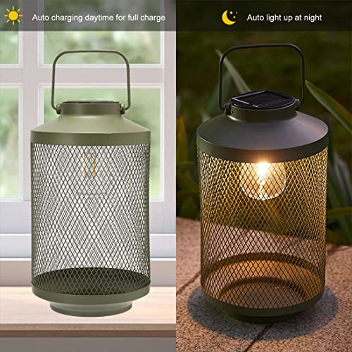 1 Pack Large Solar Lantern Outdoor Hanging - Decorative Green Tabletop Edison LED Metal Light for Garden, Patio, Yard, Porch, Pathway, Driveway, and Camping - Warm White Lighting