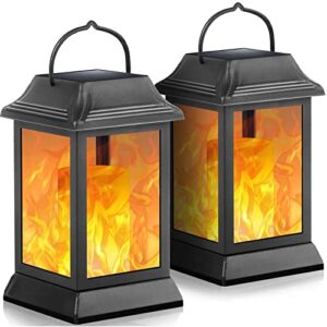 tomcare solar lights metal flickering flame solar lantern outdoor hanging lanterns decorative lighting heavy duty solar powered waterproof umbrella lighting for garden patio deck yard, 2 pack（black）