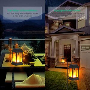 TomCare Solar Lights Metal Flickering Flame Solar Lantern Outdoor Hanging Lanterns Decorative Lighting Heavy Duty Solar Powered Waterproof Umbrella Lighting for Garden Patio Deck Yard, 2 Pack（Black）