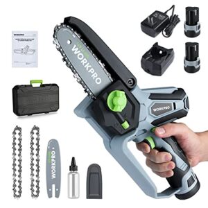 workpro mini chainsaw, 6.3“ cordless electric compact chain saw with 2 batteries, one-hand operated portable wood saw with 2 replacement guide bar and 4 chain for garden tree branch pruning, wood cutt