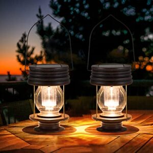 solar lanterns outdoor waterproof – 8.3″ bright large solar hanging lights – 2 pack solar powered led metal retro lights great decor for patio, gardens, yards, path, 30 lumens (warm light)