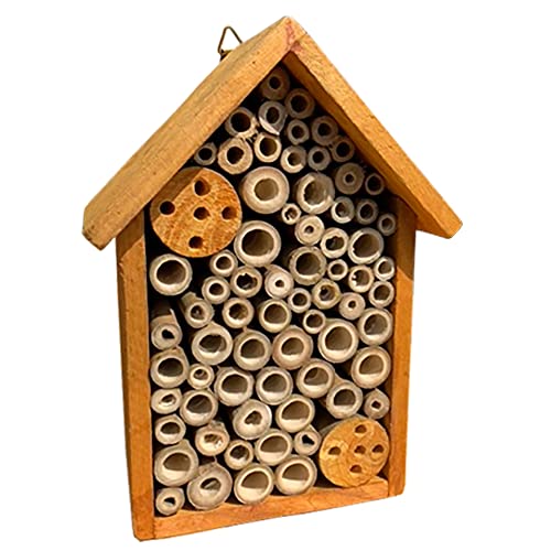 Wooden Outdoor Hanging Insect Mason Bee House, Garden Hotel for Butterfly Ladybug Mason Bees to Nest, Garden Insect Hanging Habitat, Natural Mason Bee Box, Yellow