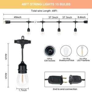 Zuske 48FT LED Outdoor String Lights, Hanging String Lights with 15+1 Dimmable Edison Shatterproof Bulbs, IP65 Commercial Grade Waterproof Heavy-Duty Lights for Patio, Porch, Garden, Fence