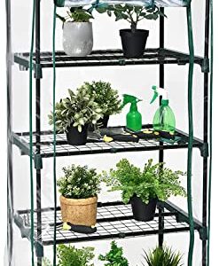 Renatone 4 Tier Mini Greenhouse, Portable Gardening Tent with Weatherproof PE Cover, Zippered Roll-up Door, Steel Frame, Outdoor Garden Greenhouse for Backyard Balcony Patio (Clear)