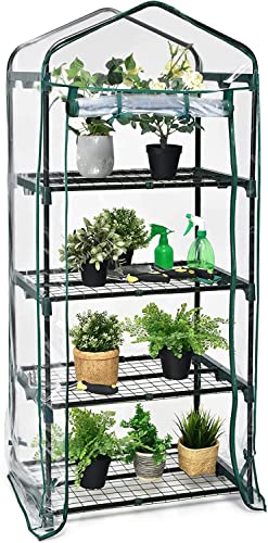 Renatone 4 Tier Mini Greenhouse, Portable Gardening Tent with Weatherproof PE Cover, Zippered Roll-up Door, Steel Frame, Outdoor Garden Greenhouse for Backyard Balcony Patio (Clear)