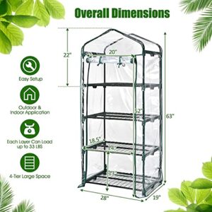 Renatone 4 Tier Mini Greenhouse, Portable Gardening Tent with Weatherproof PE Cover, Zippered Roll-up Door, Steel Frame, Outdoor Garden Greenhouse for Backyard Balcony Patio (Clear)