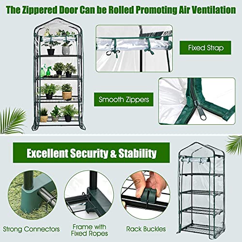 Renatone 4 Tier Mini Greenhouse, Portable Gardening Tent with Weatherproof PE Cover, Zippered Roll-up Door, Steel Frame, Outdoor Garden Greenhouse for Backyard Balcony Patio (Clear)