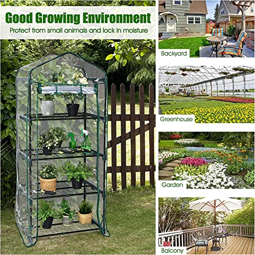 Renatone 4 Tier Mini Greenhouse, Portable Gardening Tent with Weatherproof PE Cover, Zippered Roll-up Door, Steel Frame, Outdoor Garden Greenhouse for Backyard Balcony Patio (Clear)