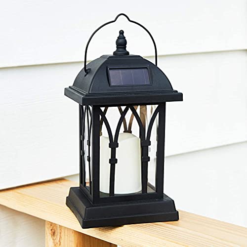 Outdoor Hanging Solar Lantern - 11 Inch Black Lantern with Solar Powered LED Candle, Waterproof, Dusk to Dawn Timer, Classic Mission Style, Fall Decor for Mantle or Patio