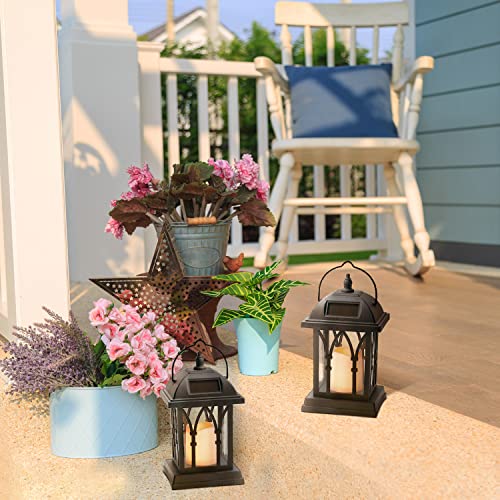 Outdoor Hanging Solar Lantern - 11 Inch Black Lantern with Solar Powered LED Candle, Waterproof, Dusk to Dawn Timer, Classic Mission Style, Fall Decor for Mantle or Patio