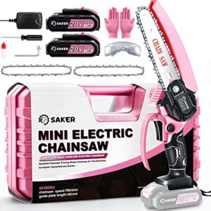 saker mini chainsaw,6 inch portable electric chainsaw cordless pink,handheld chain saw pruning shears chainsaw for tree branches,household and garden(saker mini chainsaw pink + 2 batteries + 3 chains)