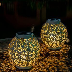 Solar Lanterns Outdoor Waterproof, 2 Pack Solar Garden Lights Outdoor Solar Hanging Lanterns, Solar Patio Lanterns Decorative Retro Metal Solar Lights for Patio Yard Pathway Walkway Party (Blue)