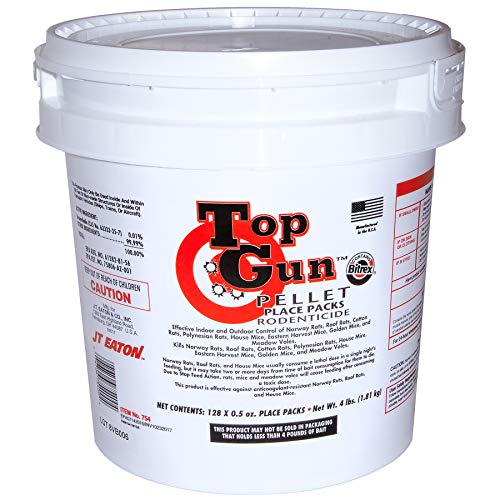 JT Eaton 754 Top Gun Pellet Place Packs Rodenticide Bromethalin Neurological Bait with Stop-Feed Action and Bitrex, For Mice and Rats (Pail of 128)