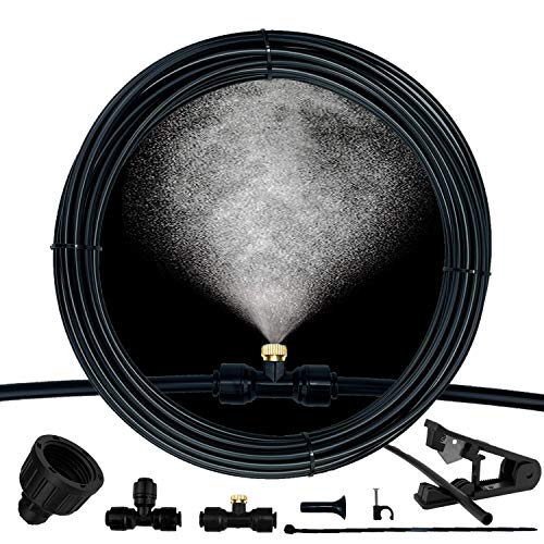 HEMYLU Misting Cooling System, 50FT (15M) Misting Line + 16 Brass Mist Nozzles + Quick Installation Kit Misting System for Outdoor Patio Garden Greenhouse