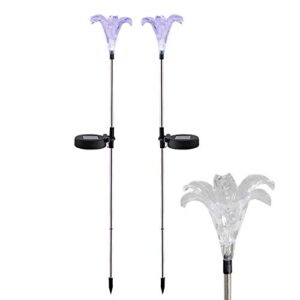 2pcs waterproof outdoor solar garden stake lights with vivid figurine – lily led garden landscape lawn lamp for flower beds backyards decoration