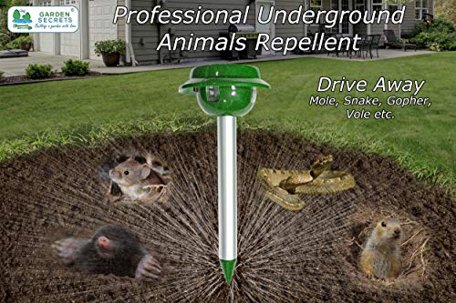 GARDEN SECRETS (2 Pack) Professional Solar Mole & Snake Repellent. Gopher Vole Snake Scorpion etc Deterrent. Keep Underground Creatures Away from Your Property Within 2-4 Weeks. Year Full Warranty!