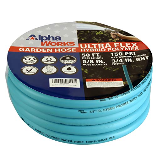 AlphaWorks Garden Water Hose 5/8" Inch x 50' Foot Heavy Duty Premium Commercial Ultra Flex Hybrid Polymer Lead-in Hose Max Pressure 150 PSI/10 BAR with 3/4" GHT Fittings