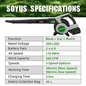 Cordless Leaf Blower&Vacuum SOYUS 3in1 Leaf Vacuum Mulcher 40V 360CFM 5 Speeds Brushless Battery Operated Leaf Blower for Lawn Care with 45L Bag (2 x 4.0Ah Battery and Charger Included)