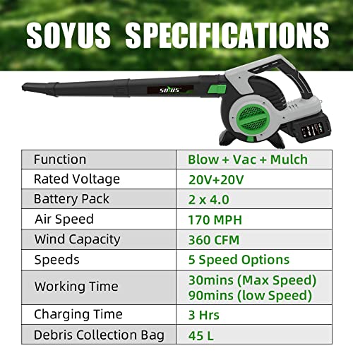 Cordless Leaf Blower&Vacuum SOYUS 3in1 Leaf Vacuum Mulcher 40V 360CFM 5 Speeds Brushless Battery Operated Leaf Blower for Lawn Care with 45L Bag (2 x 4.0Ah Battery and Charger Included)