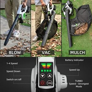 Cordless Leaf Blower&Vacuum SOYUS 3in1 Leaf Vacuum Mulcher 40V 360CFM 5 Speeds Brushless Battery Operated Leaf Blower for Lawn Care with 45L Bag (2 x 4.0Ah Battery and Charger Included)