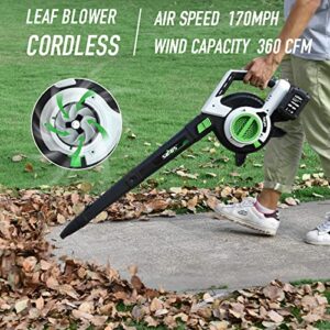 Cordless Leaf Blower&Vacuum SOYUS 3in1 Leaf Vacuum Mulcher 40V 360CFM 5 Speeds Brushless Battery Operated Leaf Blower for Lawn Care with 45L Bag (2 x 4.0Ah Battery and Charger Included)