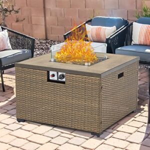 kinsunny 32 inch propane fire pit – outdoor patio square pe rattan wicker gas fire table(40,000 btu),with free lava rocks & glass wind guard for garden, lawn