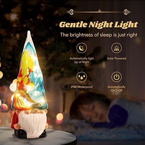 REYISO 11.4'' Solar Gnomes Garden Statues, Outdoor Garden Decor,Garden Gnomes Figurine Lights,Solar Resin Garden Statues Warm White Lights, Gnomes Decorations for Yard