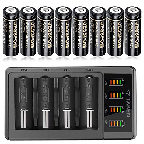 JESSPOW 14430 3.2 Volt Rechargeable Solar Battery with Charger, Rechargeable LiFePo4 Batteries [ 450mAh 3.2V 8Pack ] for Outdoor Garden Light, Solar Panel Light, Shaver, Flashlight (NOT AA Battery)