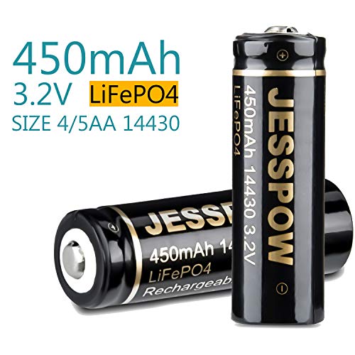 JESSPOW 14430 3.2 Volt Rechargeable Solar Battery with Charger, Rechargeable LiFePo4 Batteries [ 450mAh 3.2V 8Pack ] for Outdoor Garden Light, Solar Panel Light, Shaver, Flashlight (NOT AA Battery)